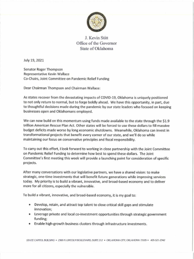 Governor Stitt ARPA Letter | PDF