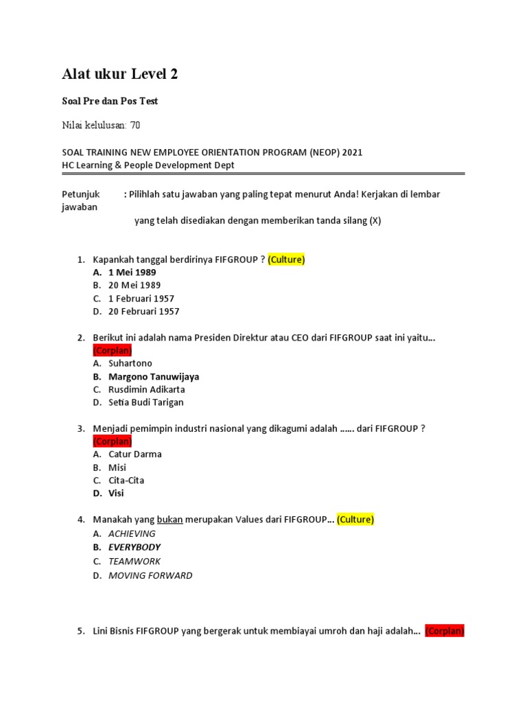 SOAL PRE DAN POST TEST NEOP Alat Ukur Level 2 | PDF