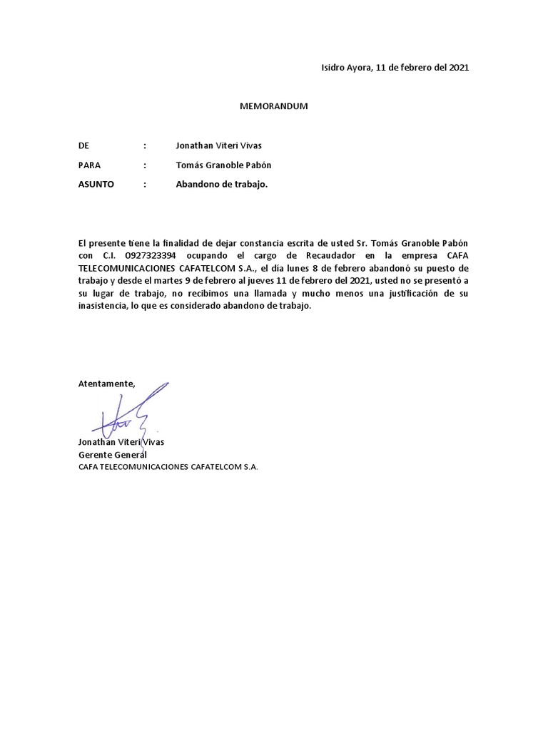 Memo Abandono de Trabajo | PDF