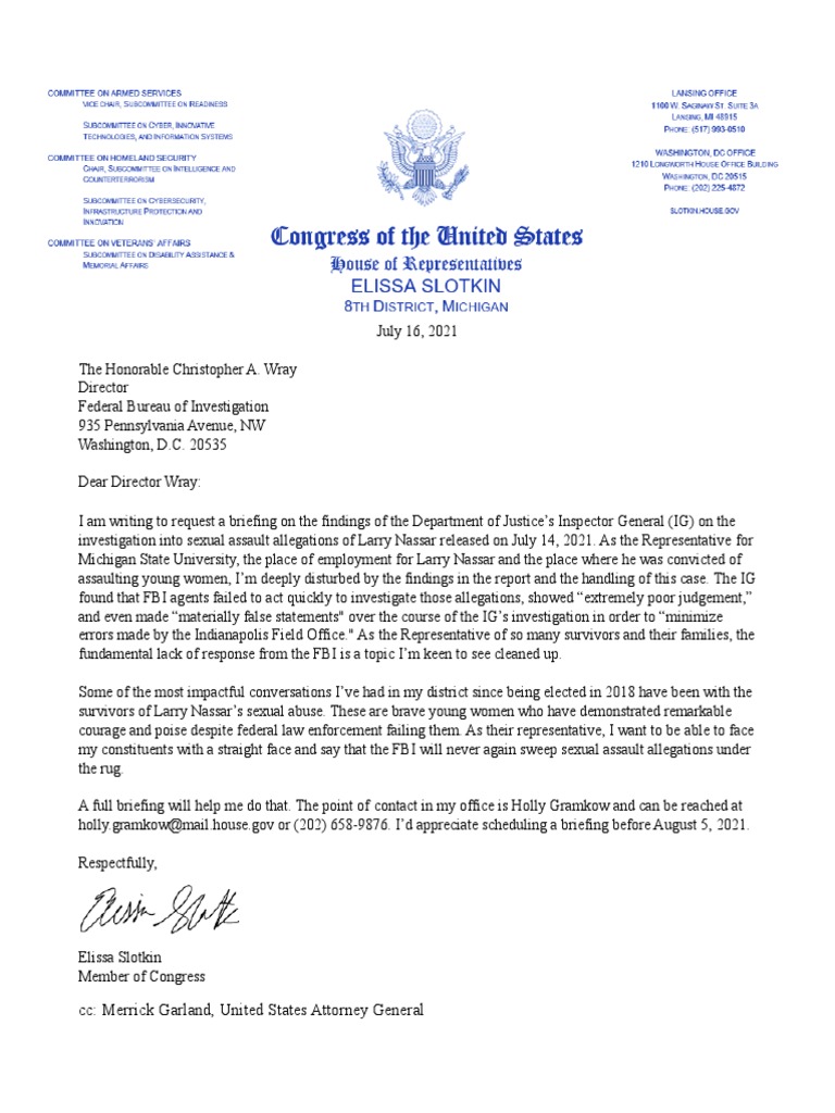 Rep. Slotkin Letter To FBI Director Christopher Wray | PDF