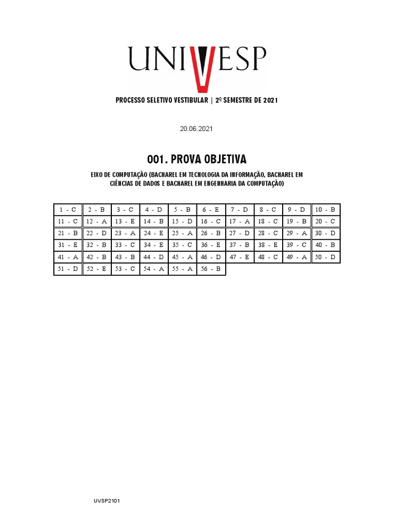 Gabarito Vestibular Univesp 2021 | PDF