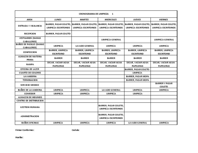 Cronograma de Limpieza | PDF | Negocios (general)