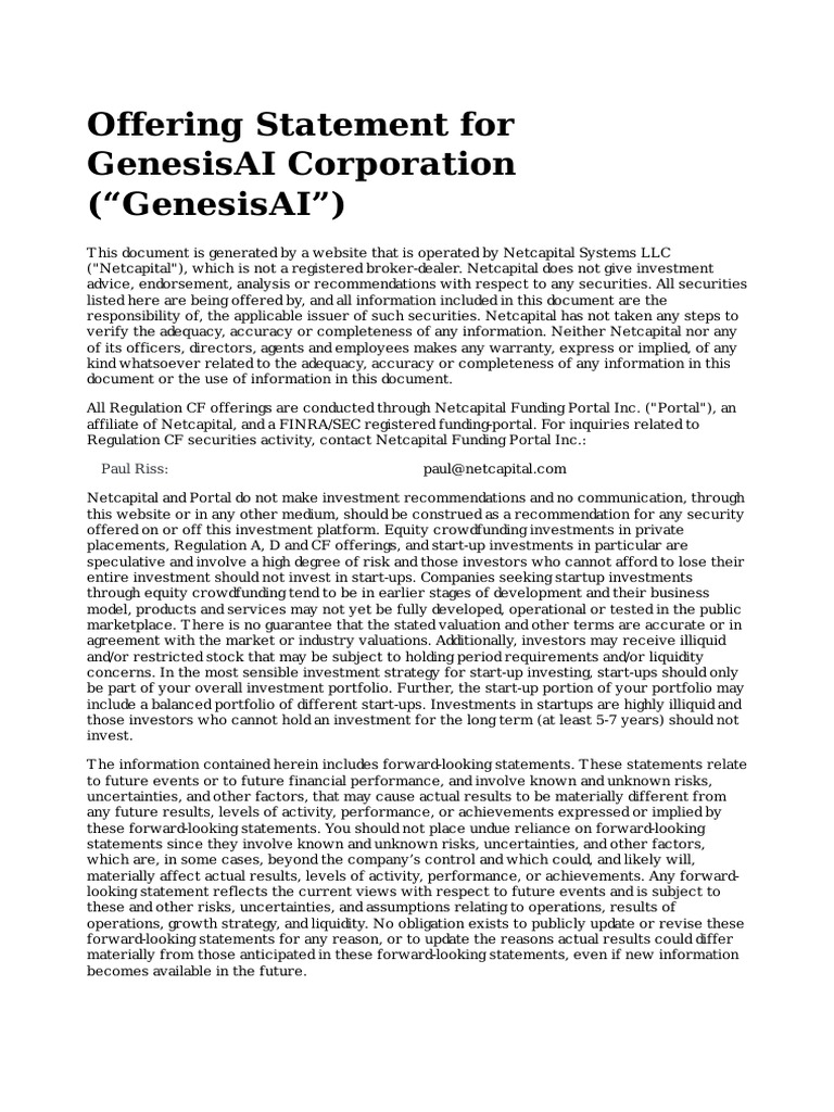 Offering Statement For Genesisai Corporation ("Genesisai") : Paul Riss ...