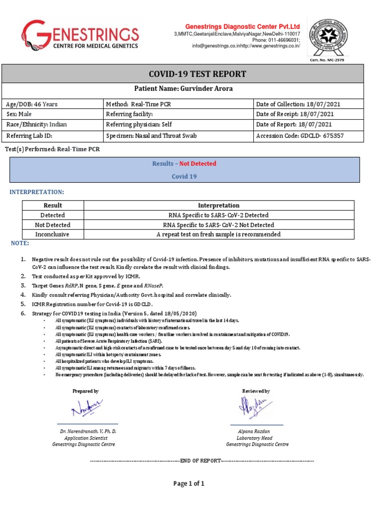 Covid-19 Test Report: Patient Name: Gurvinder Arora | PDF | Animal ...