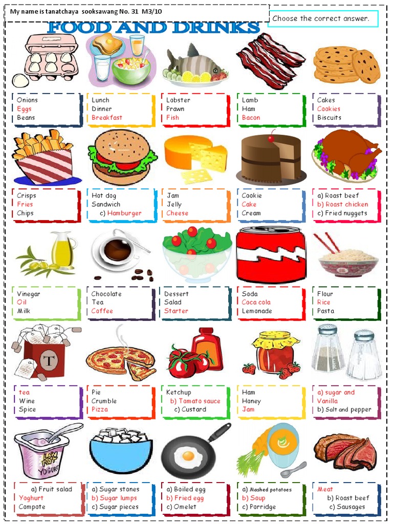 Worksheet Food and Drinks | PDF | Eating Behaviors Of Humans | Food And ...