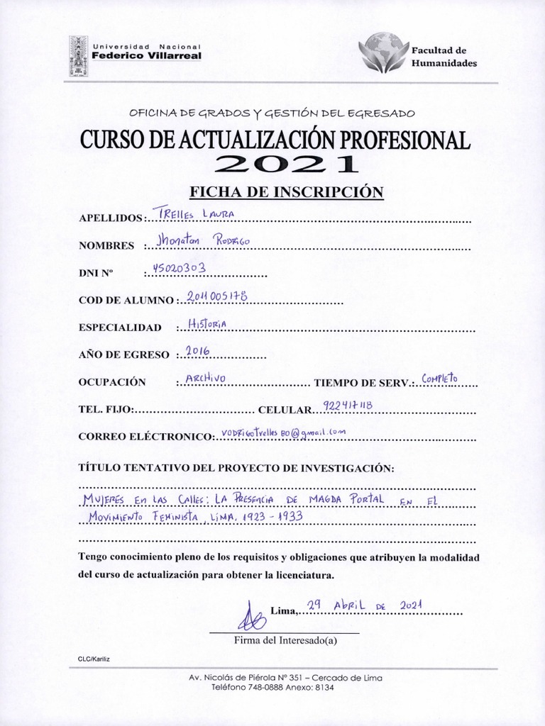 Ficha de Inscripcion - Trelles Laura Jhonatan Rodrigo | PDF
