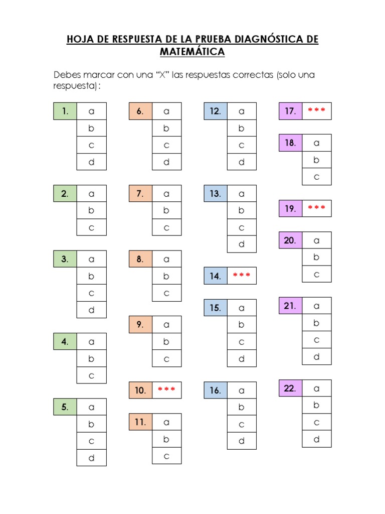 Hoja de Respuesta de La Prueba Diagnóstica de Matemática | PDF