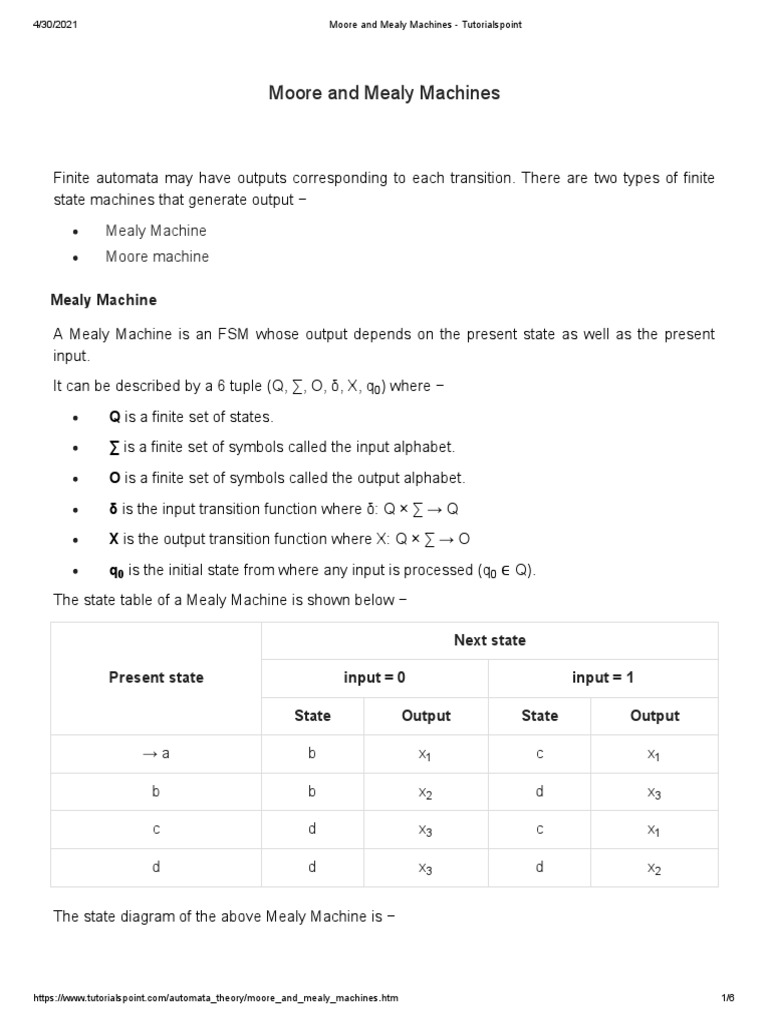 Moore and Mealy Machines - Tutorialspoint | PDF | Electronic Engineering | Digital Electronics