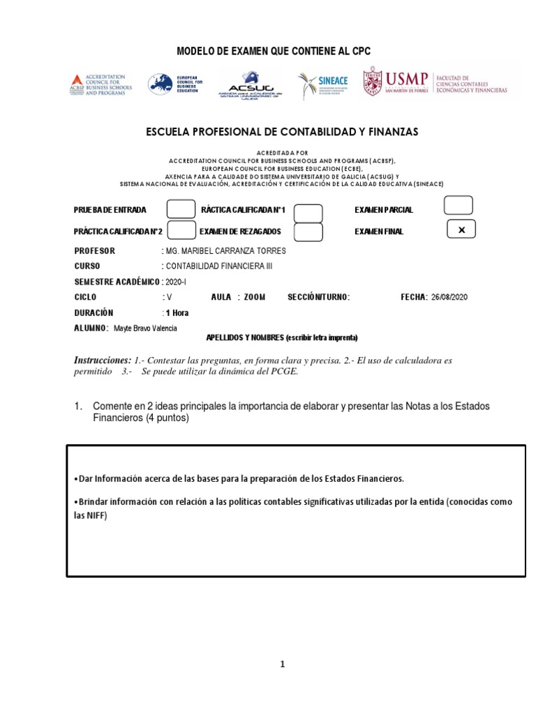 Examen Final Conta III 2020 I | Descargar gratis PDF | Contabilidad | Estado financiero
