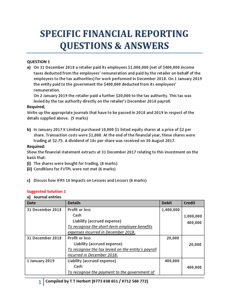 Specific Financial Reporting Questions & Answers: Suggested Solution 1 ...
