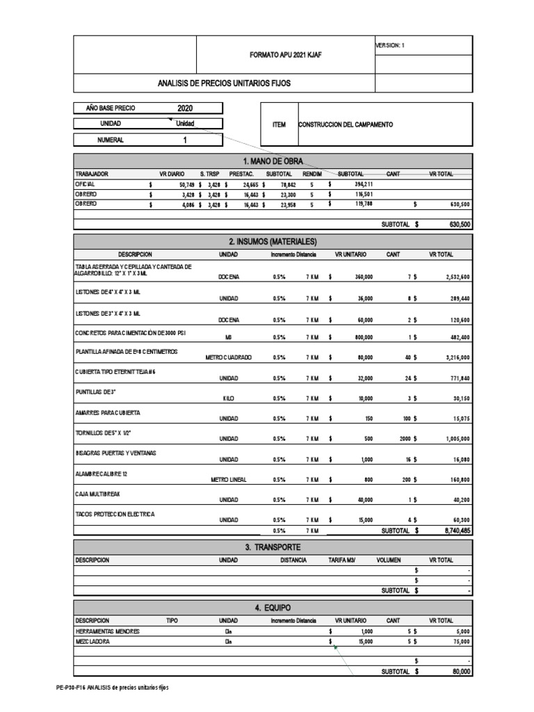 Formato Apu 1 Cuadrillas | PDF | Bienestar | Salario