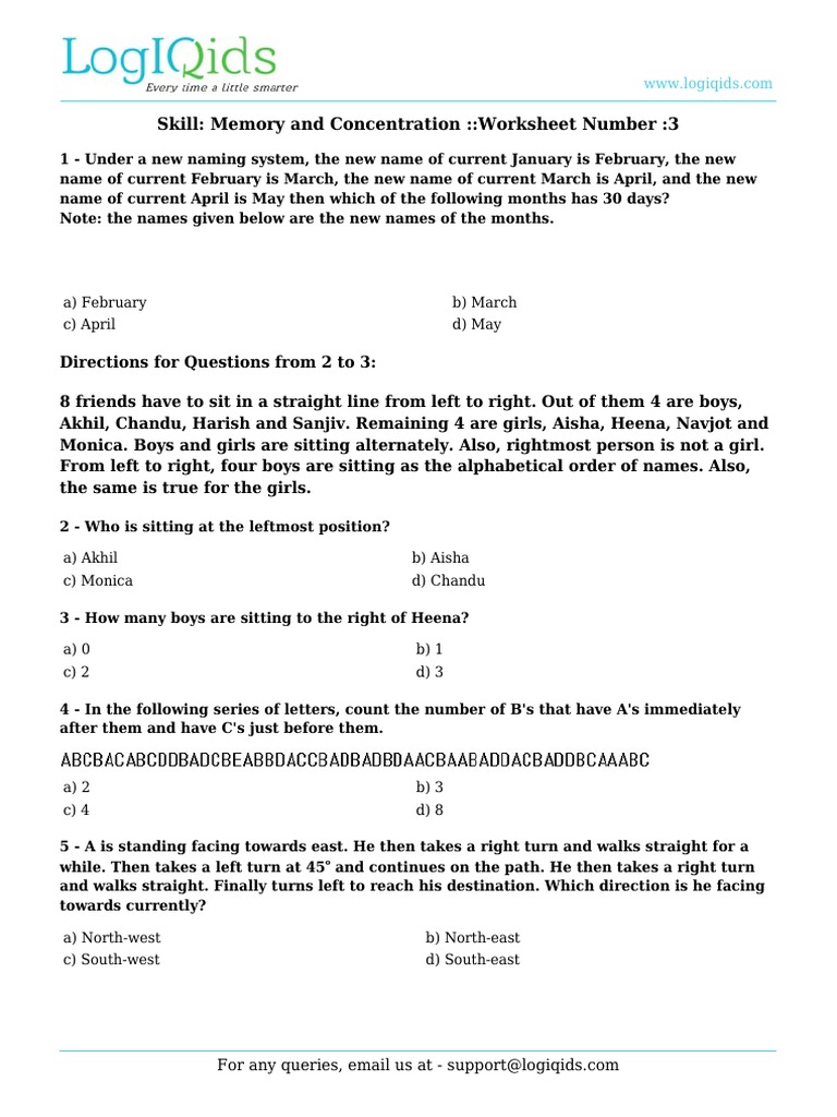 Skill: Memory and Concentration::Worksheet Number:3: A) February B ...