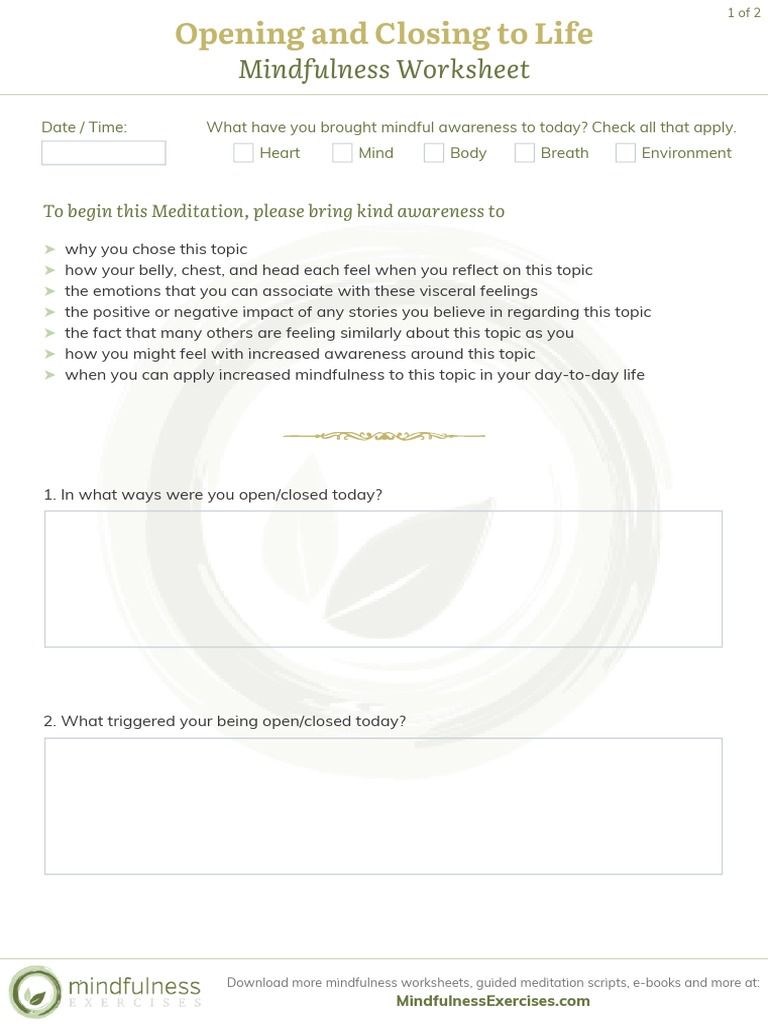 Mindfulness Worksheet: To Begin This Meditation, Please Bring Kind ...