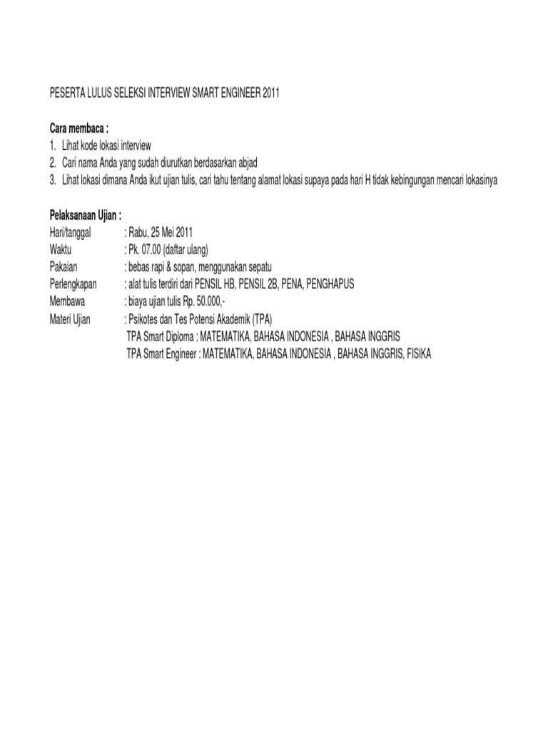 Peserta Lulus Interview Smart Engineer 2011 | PDF