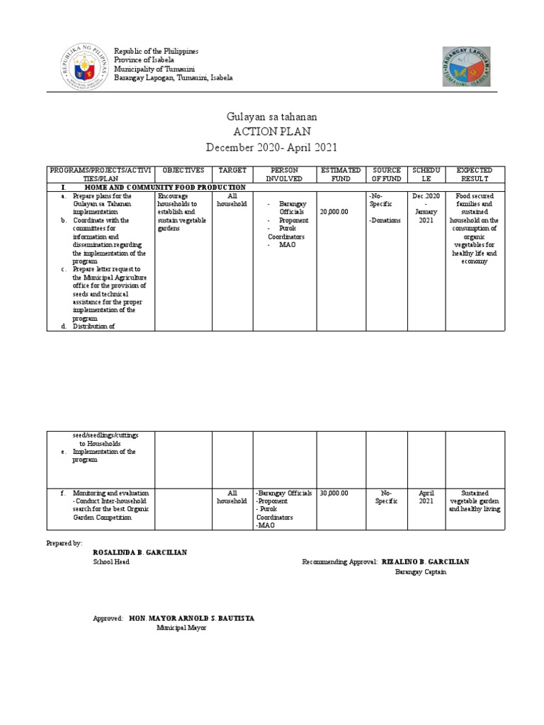 Barangay Lapogan Action Plan | PDF | Vegetables | Kitchen Garden