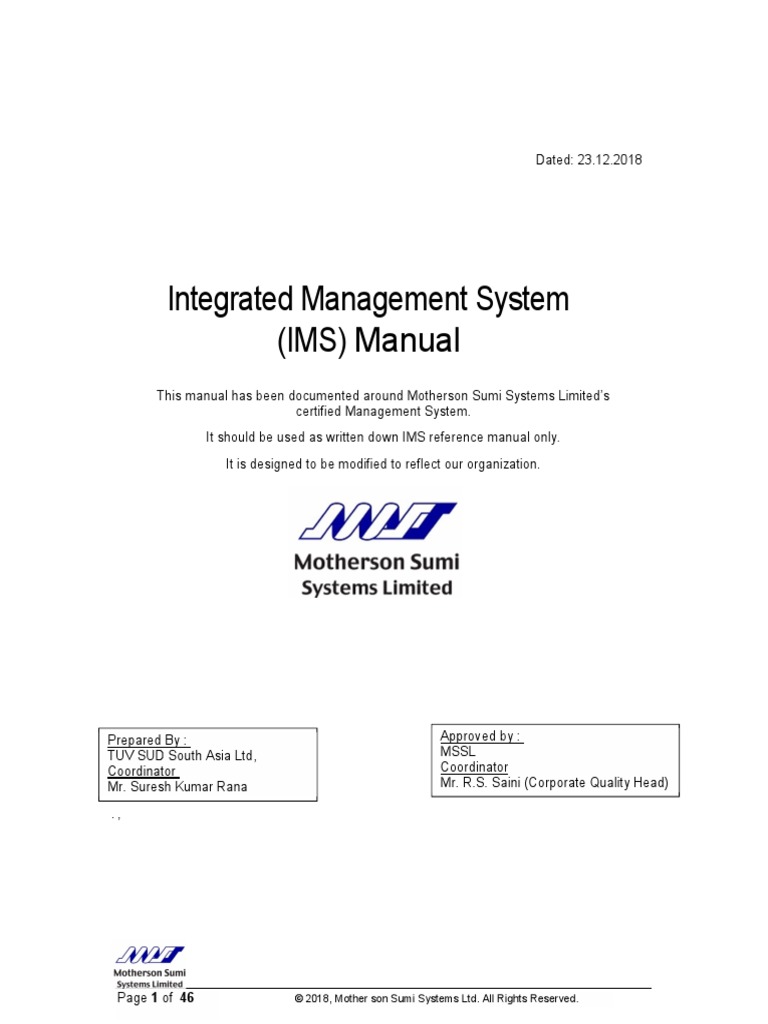 IMS Quality Manual MSSL 2018 Latest | PDF | Iso 9000 | Occupational ...