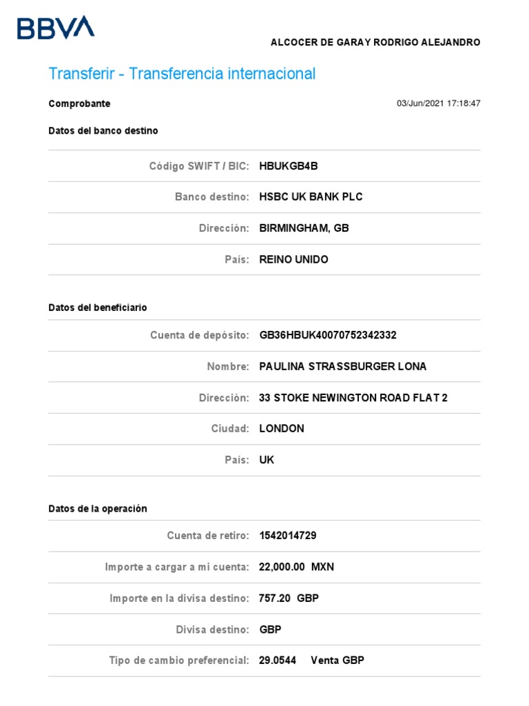 Comprobante De Transferencia Internacional Bbva Pdf