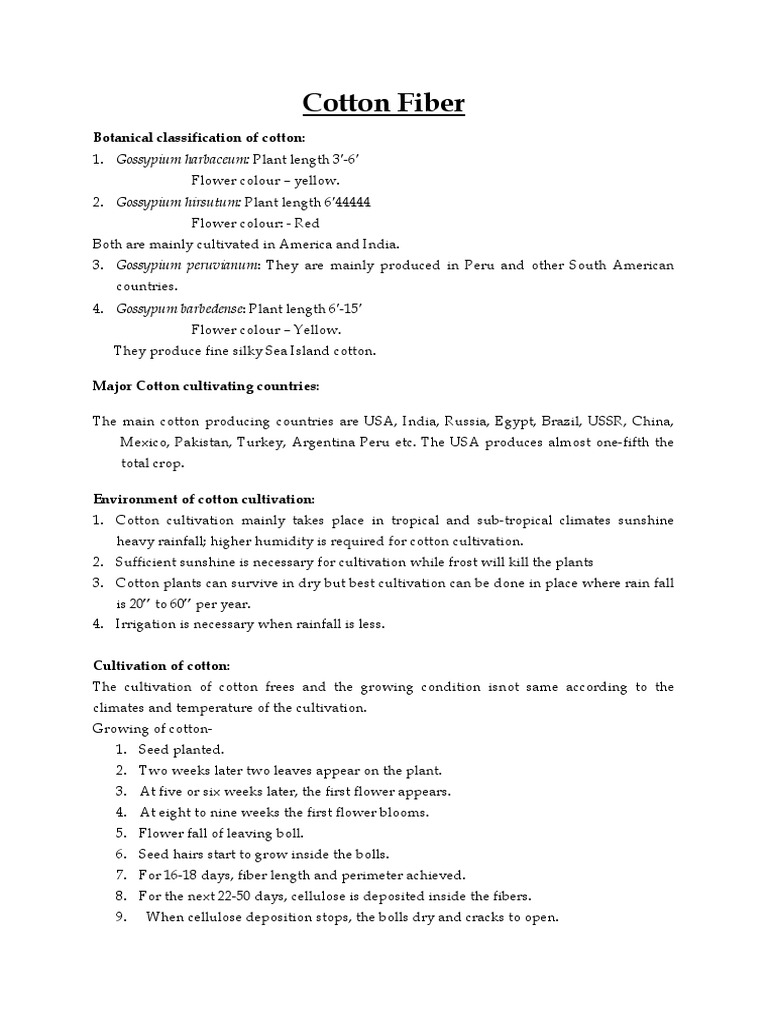 Cotton Fiber: Botanical Classification of Cotton | PDF | Textiles | Fibers