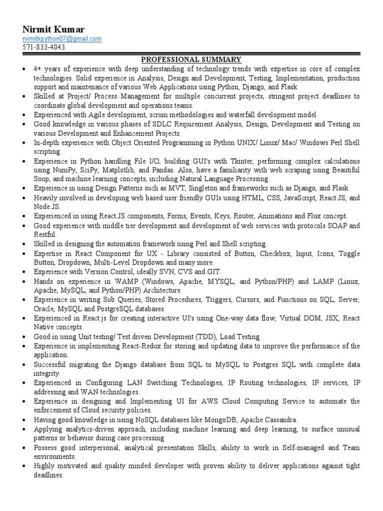 Professional Summary and Technical Skills of a Full Stack Python Developer | PDF | My Sql | Ajax ...