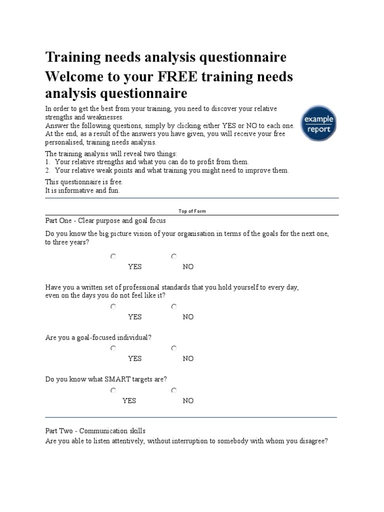 Training needs analysis questionnaire | Goal | Questionnaire
