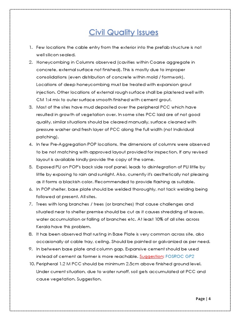 Civil Quality Issues: Suggestion | PDF | Concrete | Building Engineering
