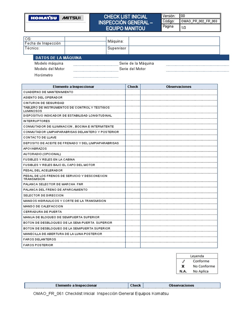 Checklist Inicial Inspeccion General - Manitou | PDF | Vehículos | Vehículos de ruedas