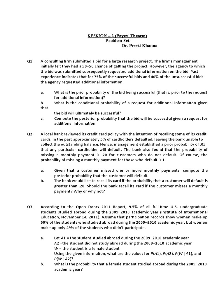 Bayes' Theorem Problem Set Solutions | PDF | International Student | Credit