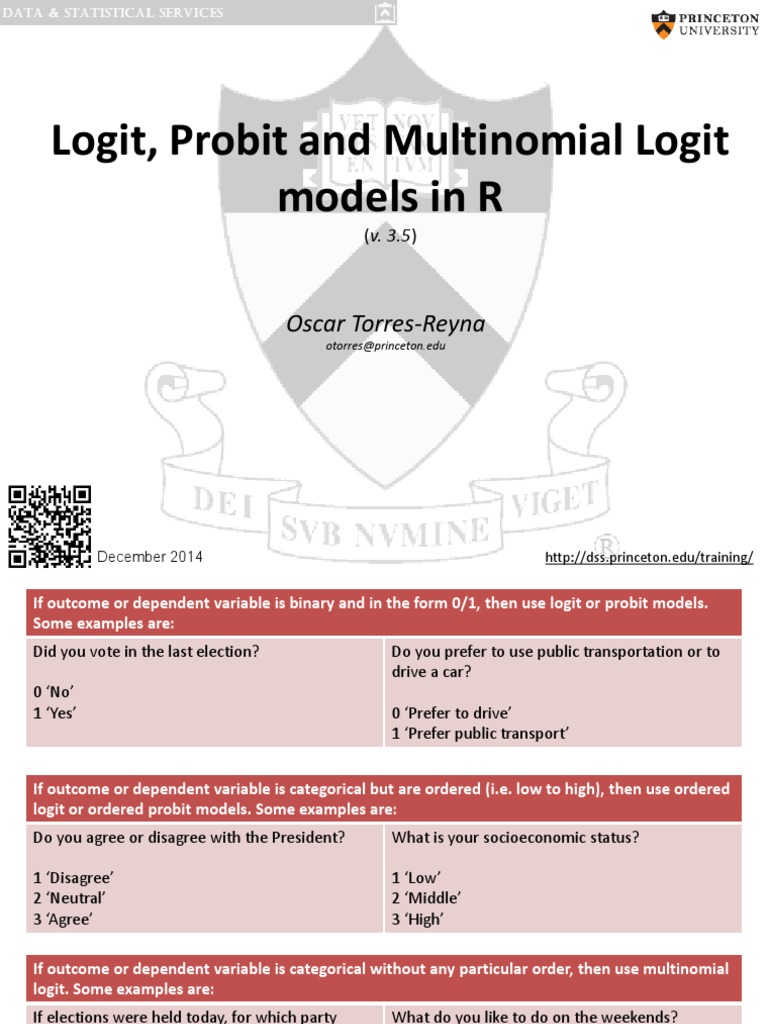 Logit, Probit and Multinomial Logit Models in R: Oscar Torres-Reyna | Download Free PDF ...