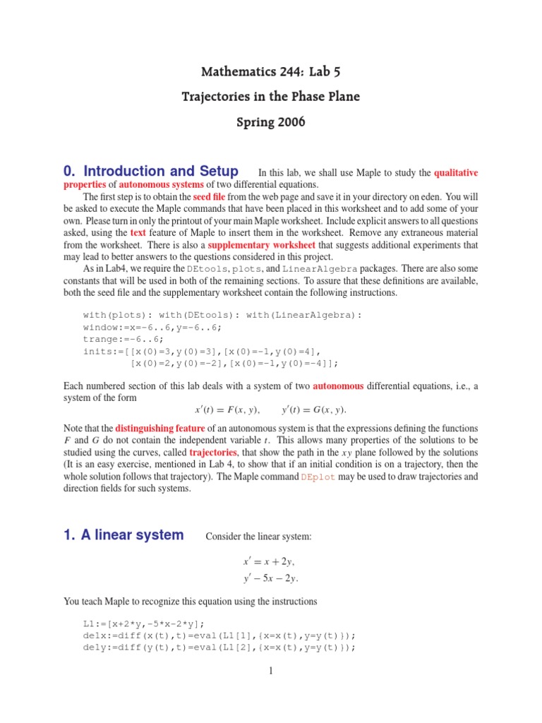Introduction and Setup: Mathematics 244: Lab 5 Trajectories in The Phase Plane Spring 2006 | PDF ...