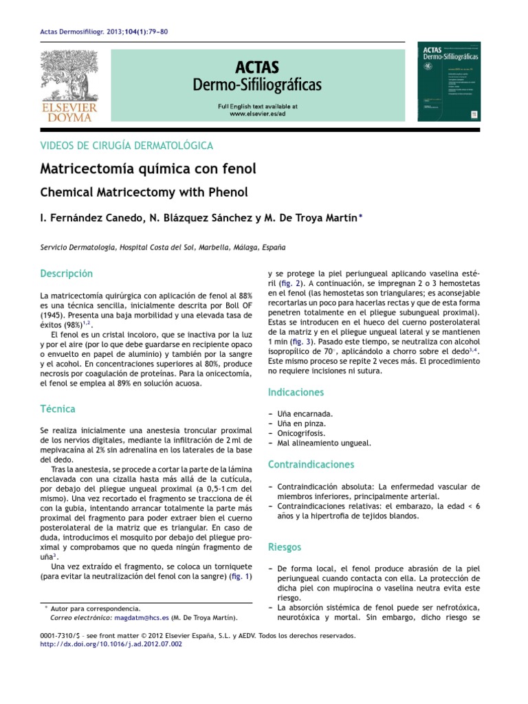 Matricectomía Química Con Fenol | PDF | Medicina | Especialidades Medicas