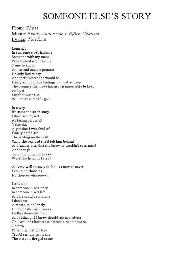 Someone Else'S Story: From: Chess Music: Benny Andersson e Björn ...