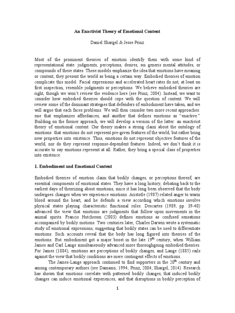Jesse Prinz Shargel - Enactivist Theory of Emotion | PDF | Embodied ...