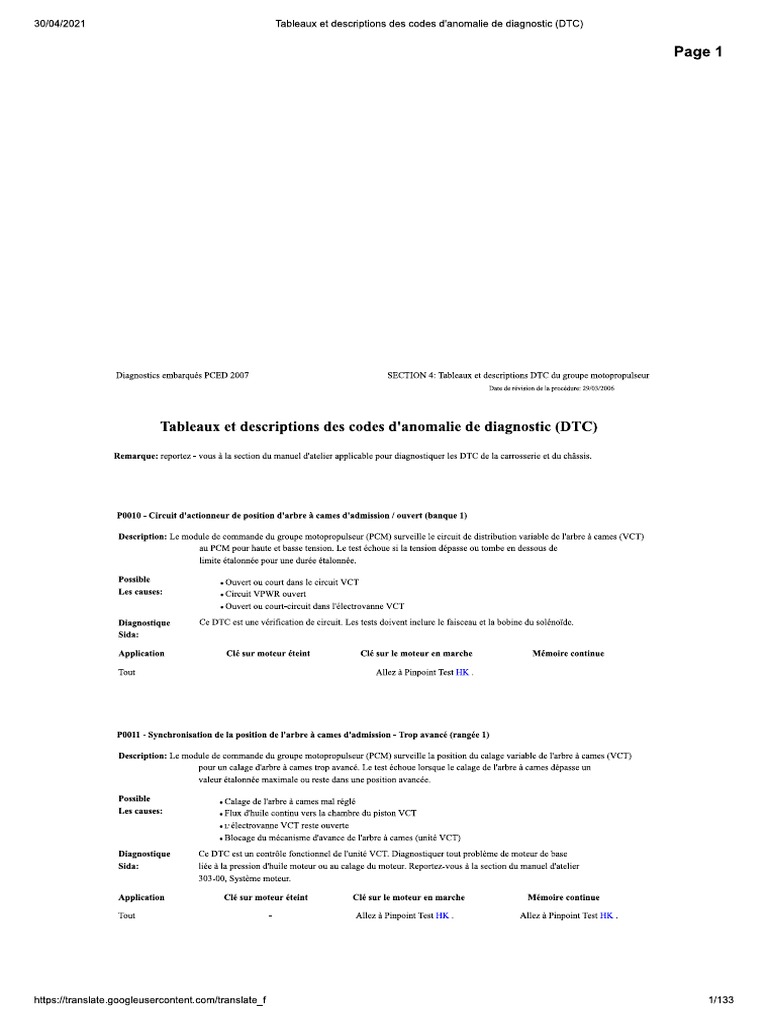 Tableaux Et Descriptions Des Codes D - Anomalie de Diagnostic (DTC) | PDF