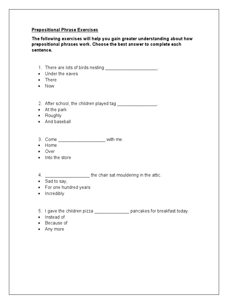 Prepositional Phrase Exercises-Practice | PDF | Adverb | Preposition And Postposition