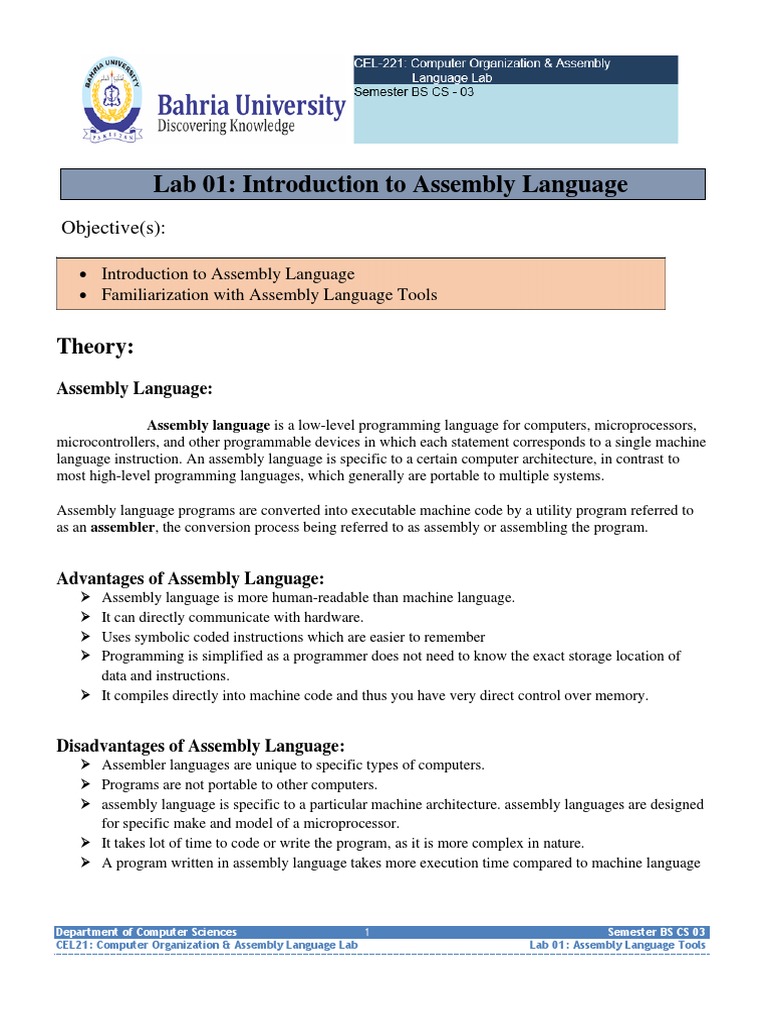 Lab 01 Introduction To Assembly Language Theory Pdf Assembly Language Computer Programming