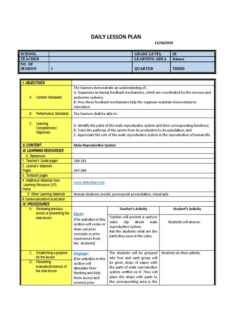 Lesson Plan 7e Male Reproductive System | PDF | Education Theory | Teaching