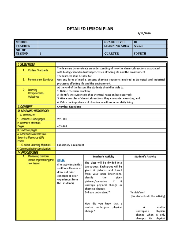 Lesson Plan 7e Chemical Reactions | PDF | Chemical Substances | Lesson Plan