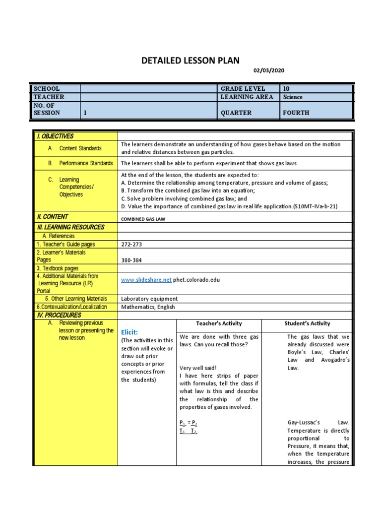 Lesson Plan 7e Combined Gas Law | PDF | Gases | Learning