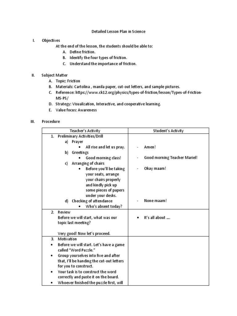 Mayang Detailed Lesson Plan | PDF | Friction | Force