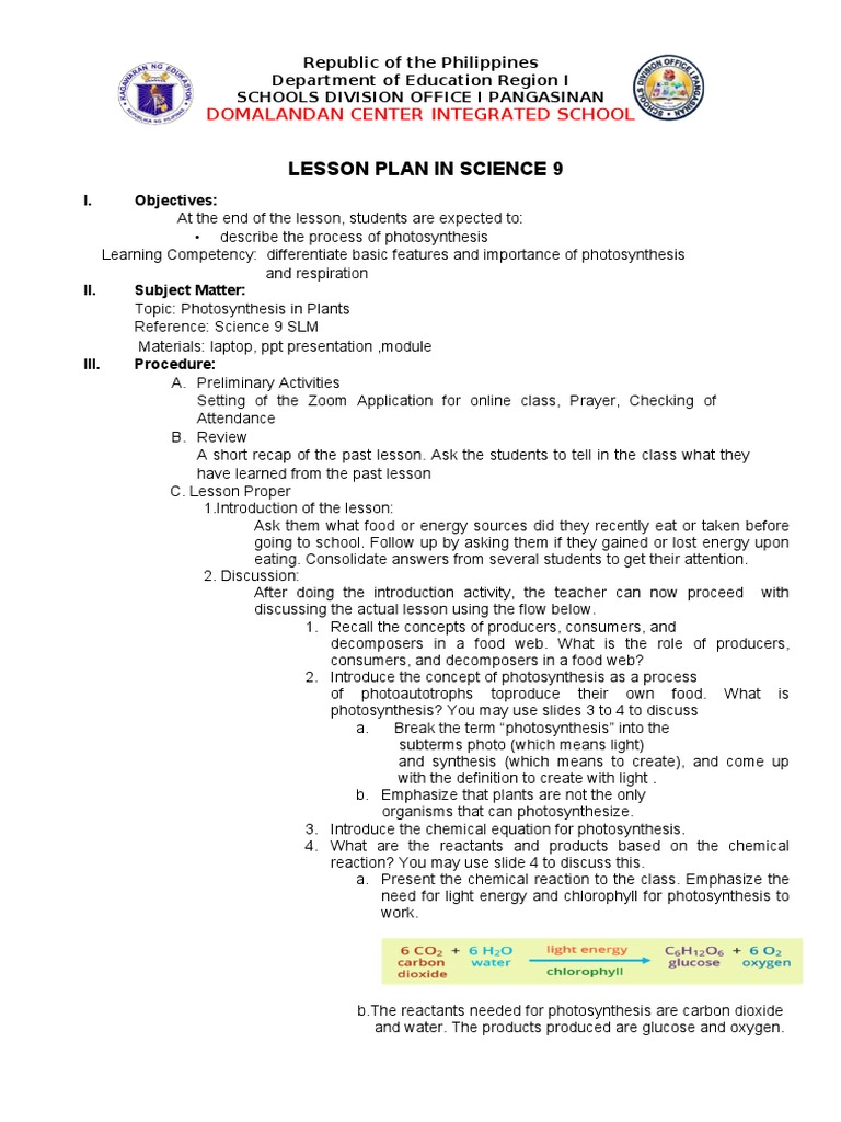 Semi-Detailed Lesson Plan | PDF | Photosynthesis | Chloroplast