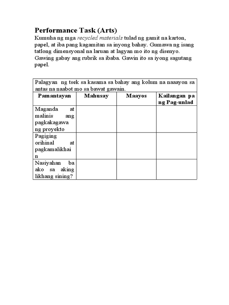 Grade1 Performance Task Arts - Rubrics | PDF
