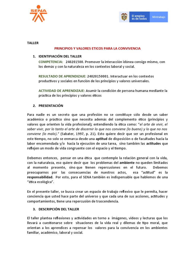 Taller Principios y Valores Éticos para La Convivencia | PDF ...