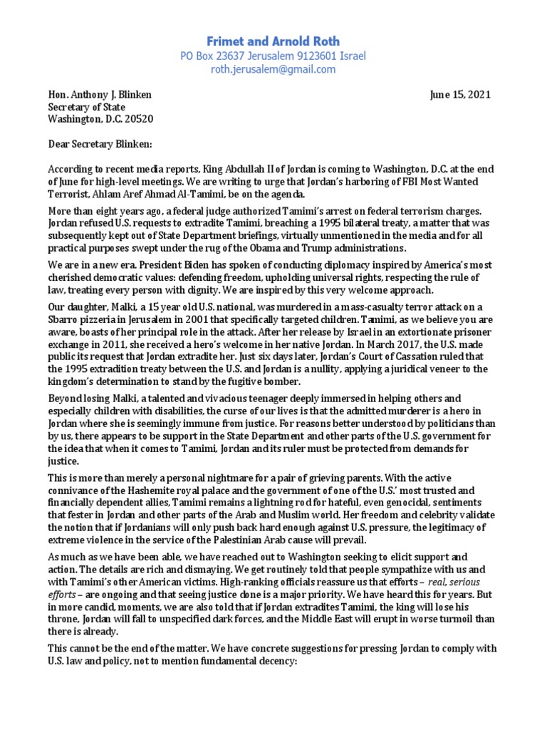 2021 - 06 - 15 Roths - Letter To Sec Blinken Re Jordan | PDF | Jordan ...