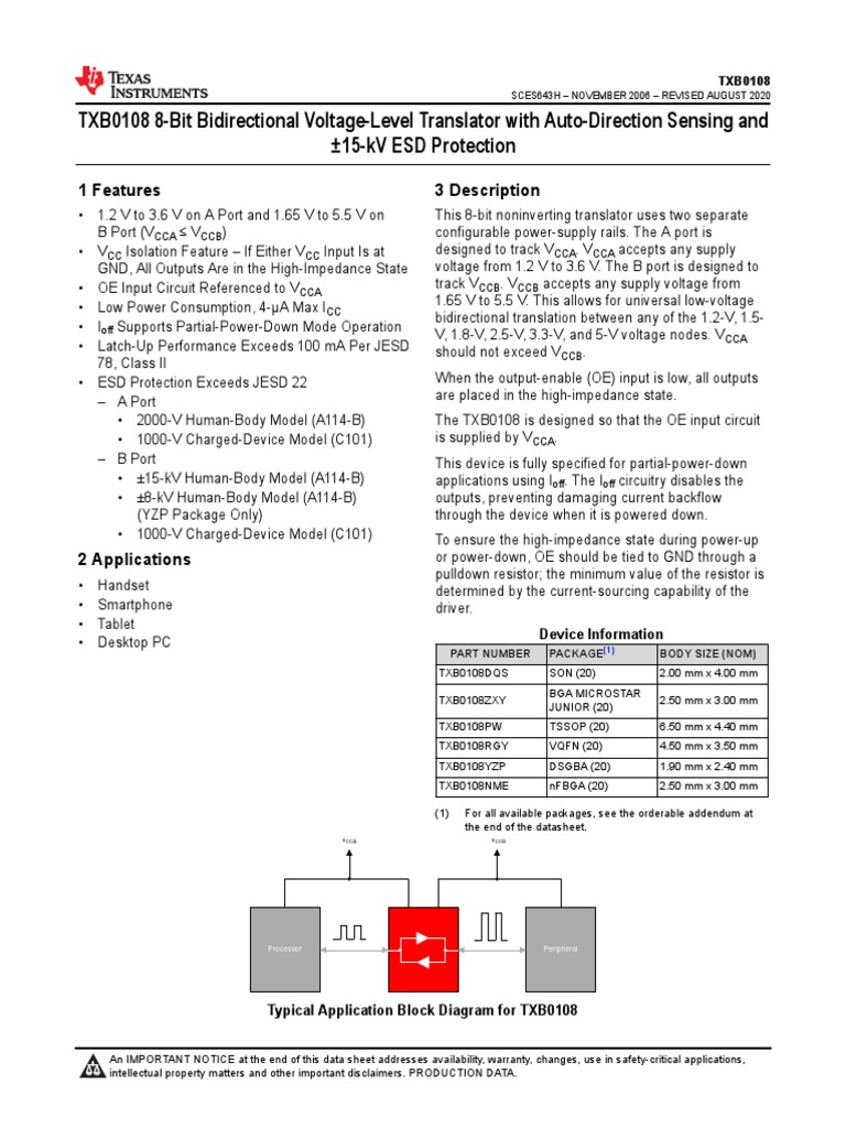TXB0108 8-Bit Bidirectional Voltage-Level Translator With Auto ...