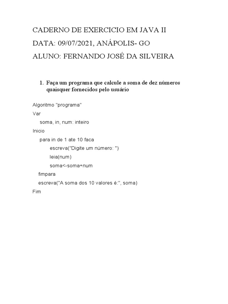 Caderno de Exercicio em Java II | PDF | Algoritmos | Ensino de Matemática