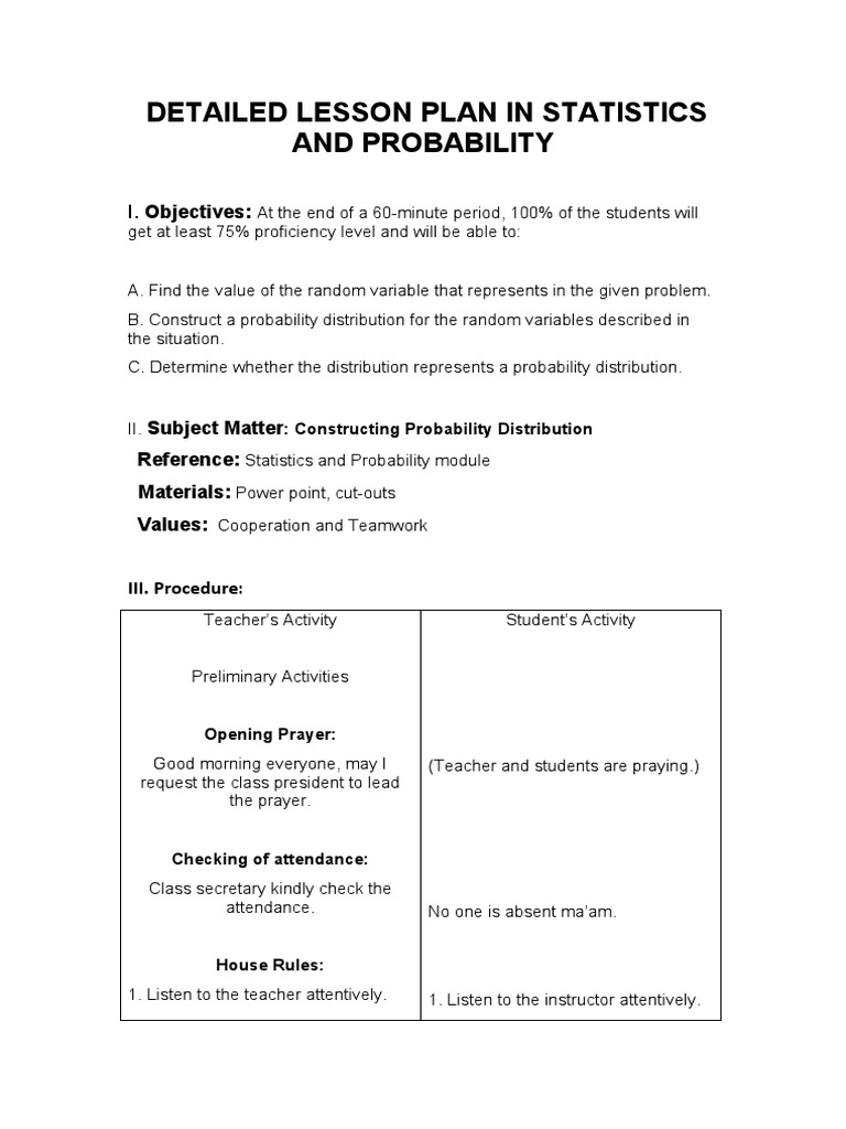 Detailed Lesson Plan in Statistics and Probability: I. Objectives | PDF ...