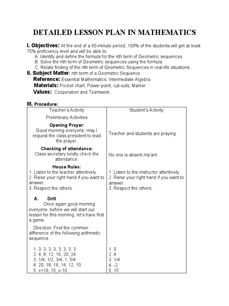 Detailed Lesson Plan in Mathematics | PDF | Mathematics | Formula