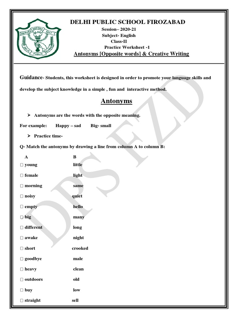 Worksheet 1 Antonyms Creative Writing | PDF