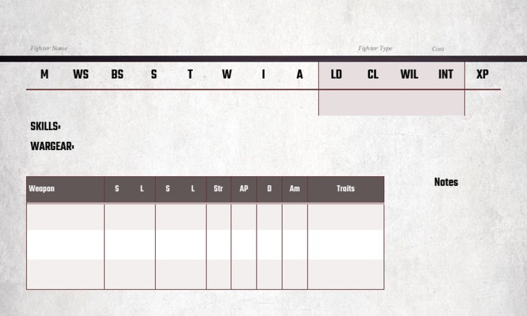 M WS BS S T W I A LD CL Wil Int XP: Skills: Wargear: Notes | PDF
