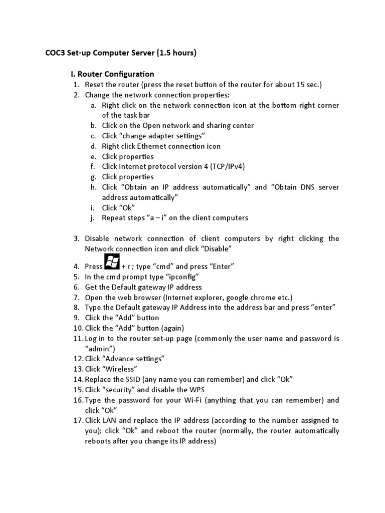 COC3 Set-Up Computer Server (1.5 Hours) I. Router Configuration | PDF | Domain Name System ...